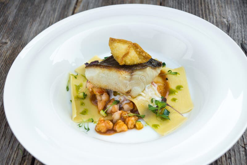 Black Hake, Prawns Ragout and Fresh Pasta Stock Photo - Image of cooked ...