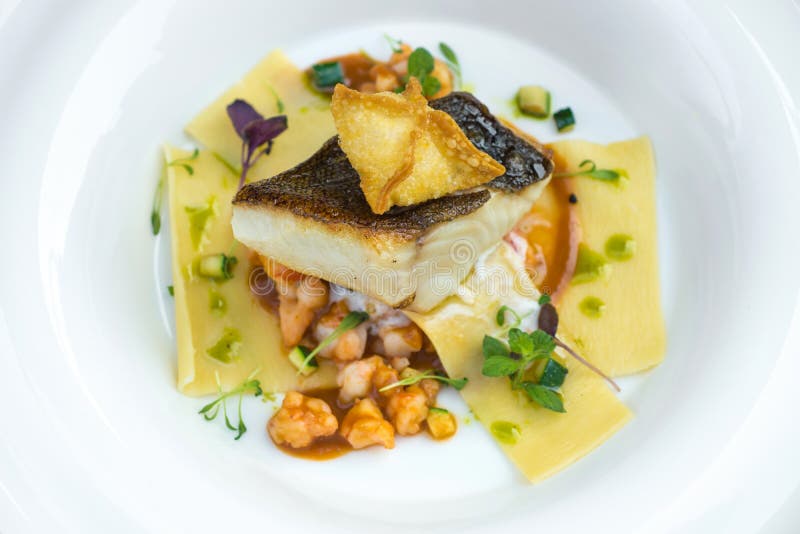 Black Hake, Prawns Ragout and Fresh Pasta Stock Image - Image of meal ...