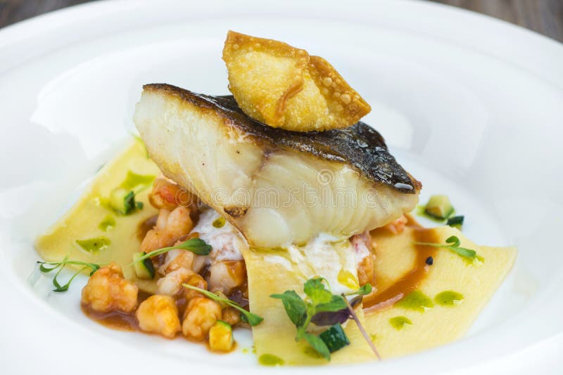 Black Hake, Prawns Ragout and Fresh Pasta Stock Image - Image of meal ...