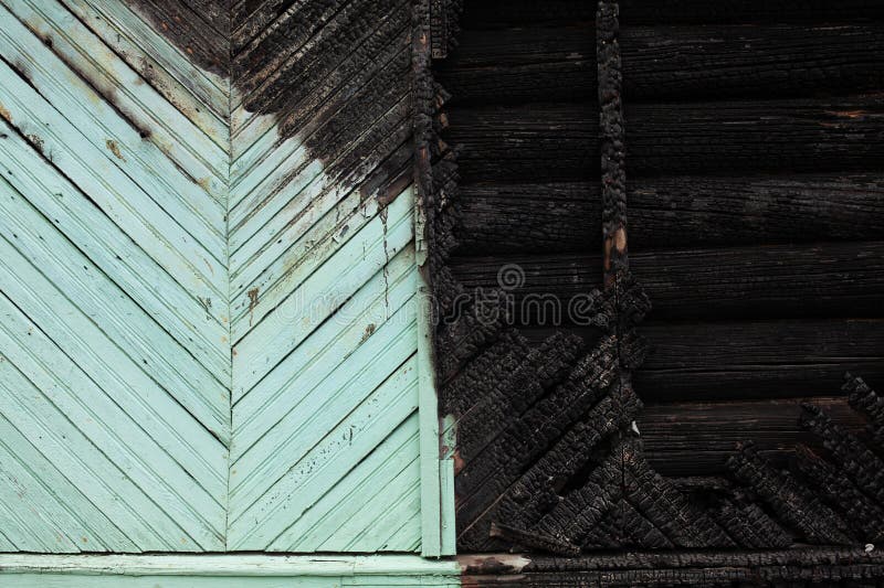 Black Half Burned Blue Wooden House Stock Image - Image of burnt ...