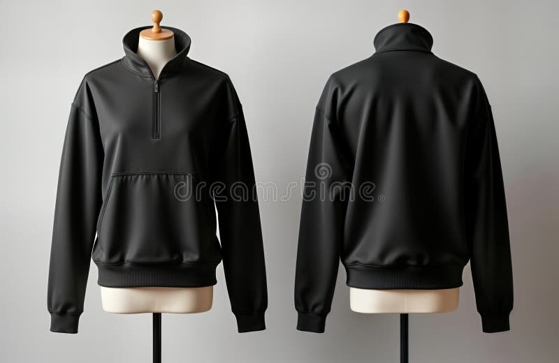 Black Half-zip Sweatshirt on Mannequin. Front, Back Views. Blank ...