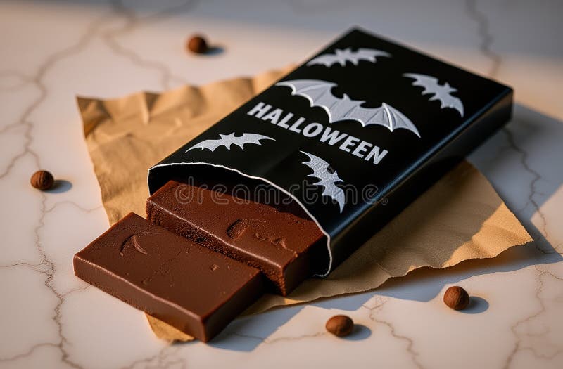 Black Halloween Chocolate Bar with Bat Foil Design and Open Wrapper on ...