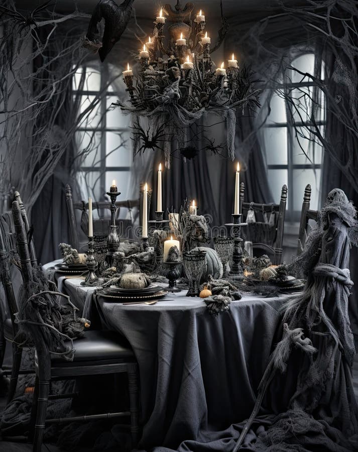 A Black Halloween Dinner Table with a Vampire Stock Illustration ...