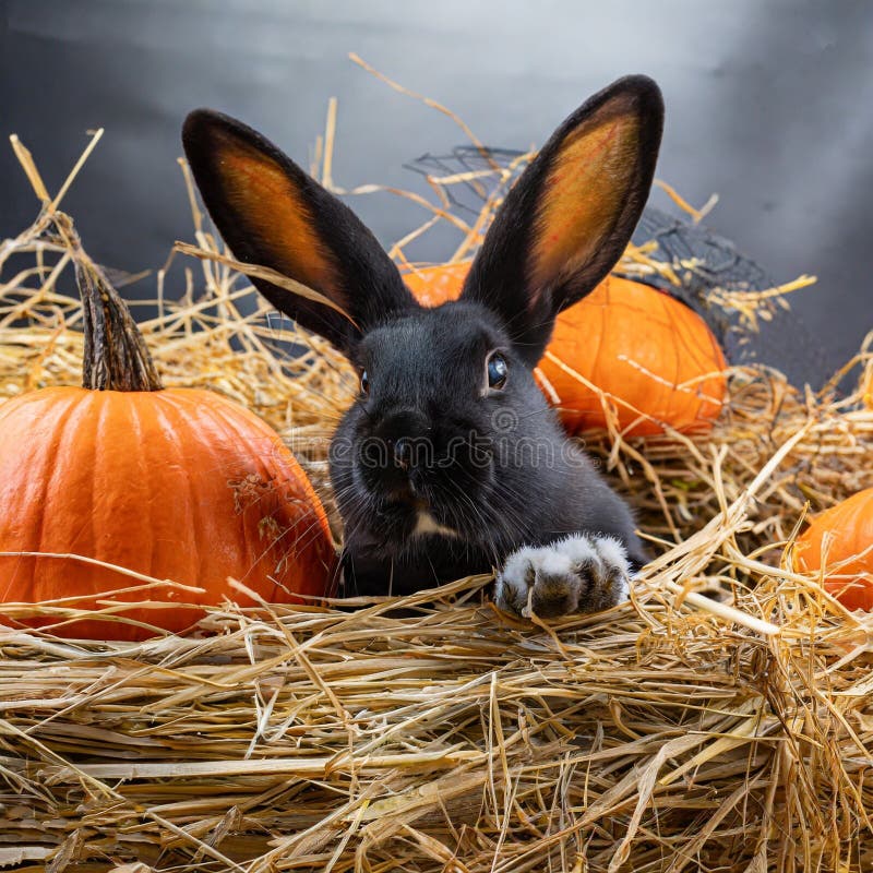 Black Halloween Rabbit in a Haystack One Foot Sticks Out Orange Pumpkin ...