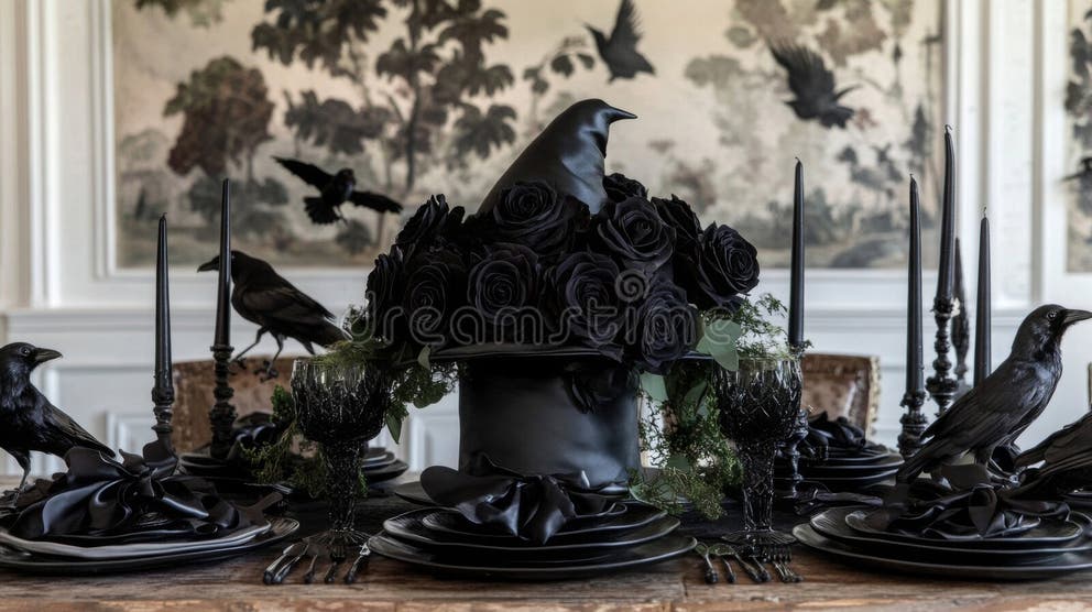 Black Halloween Table Setting with Crows and Roses Stock Illustration ...
