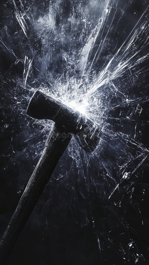 Black Hammer Shattering Glass in Dramatic Close-up Stock Illustration ...