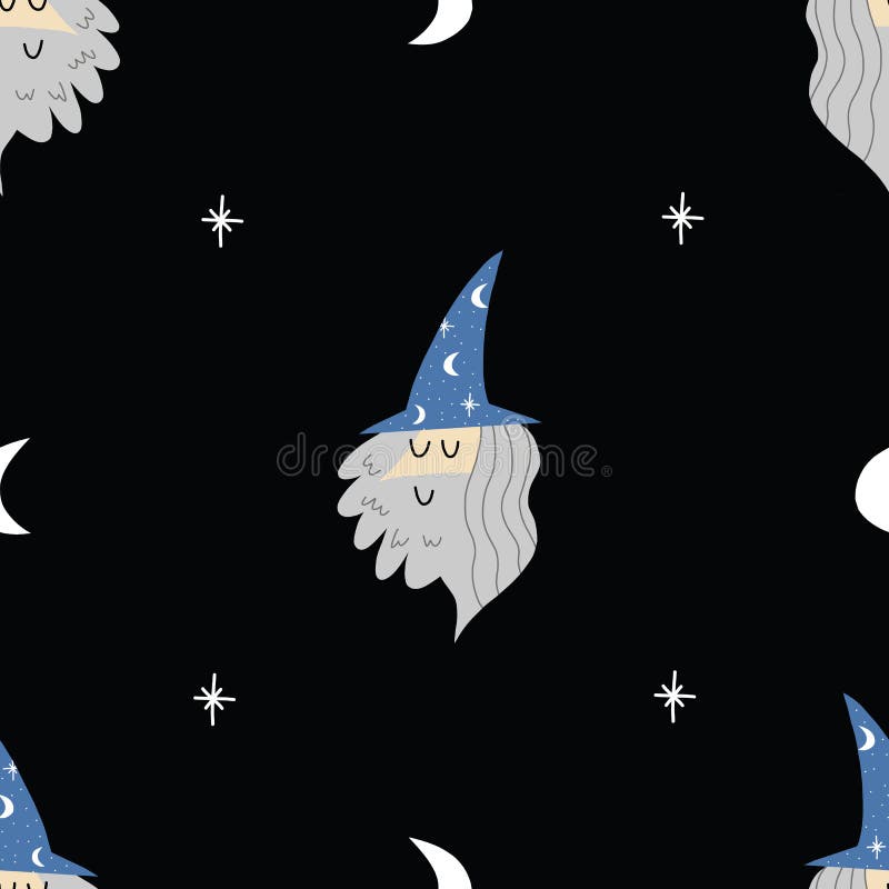 Black Hand Drawn Cartoon Wizard Pattern. Vector Magic Pattern. Stock ...