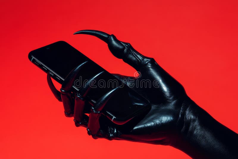 A Black Hand with Sharp Claws Holding a Smartphone Against a Vibrant ...