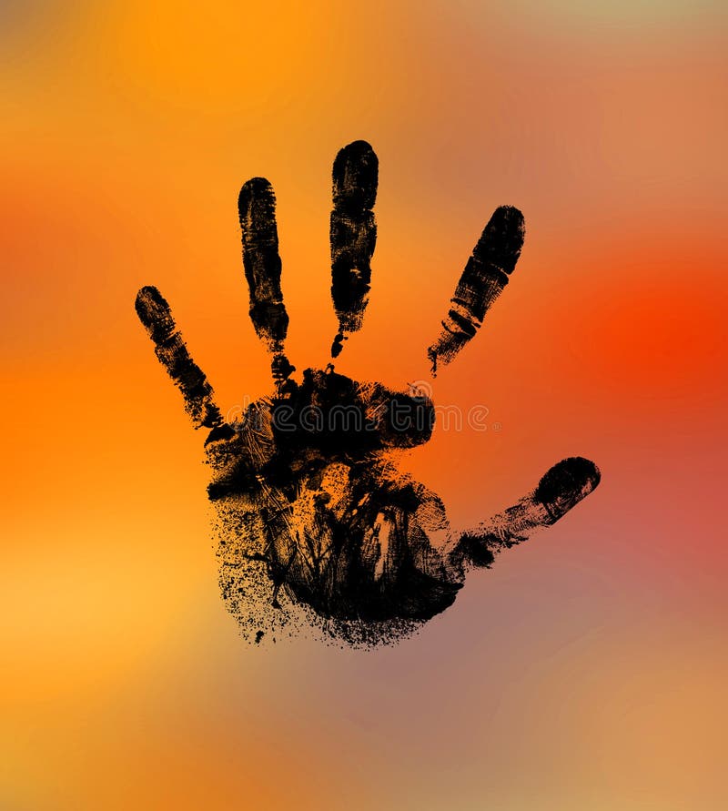 Black Handprint on Gradient Orange Background. Warm Colors. Stock ...