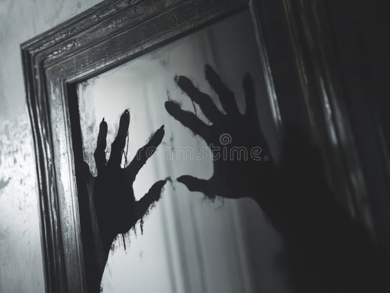 Black Handprints on a Dusty Mirror in an Old Frame Stock Illustration ...