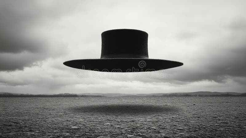 Black Hat Floating Over Barren Landscape Under Cloudy Sky Stock Image ...
