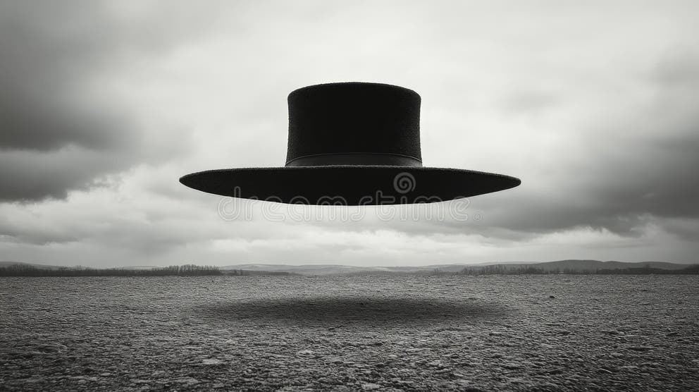 Black Hat Floating Over Barren Landscape Under Cloudy Sky Stock Image ...