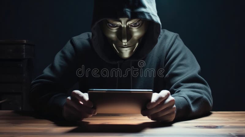 Black Hat Wearing White Mask Hacker in Hood Using Tablet on Desk To ...