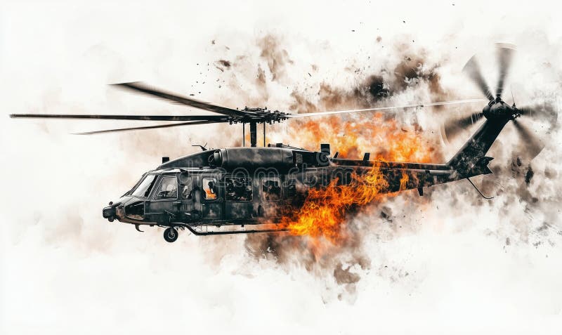 Black Hawk Helicopter in Flames with Dramatic Explosion Effects and Smoke Stock Photo - Image of ...