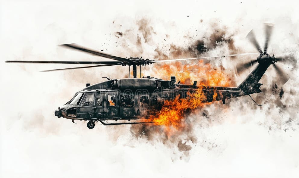 Black Hawk Helicopter in Flames with Dramatic Explosion Effects and ...