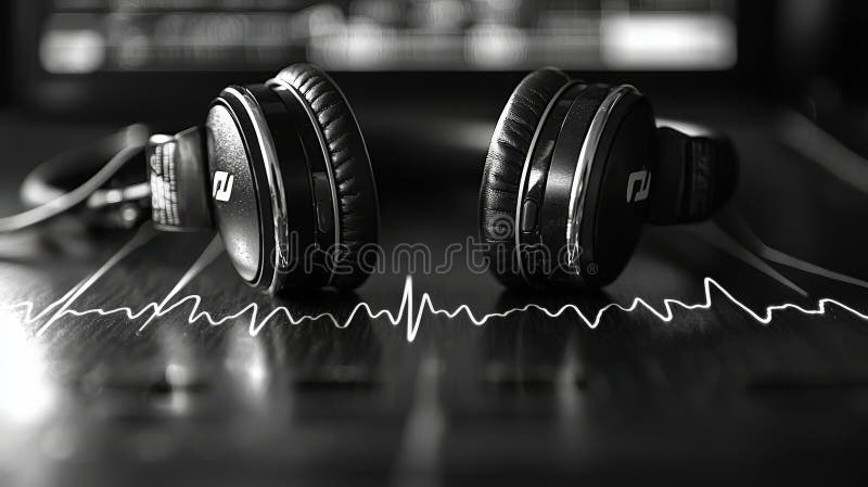 Black Headphones with Audio Waveform on Soundboard Surface Stock Image ...