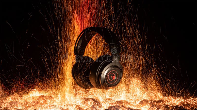 Black Headphones on the Background of Fire Rain Stock Photo - Image of ...