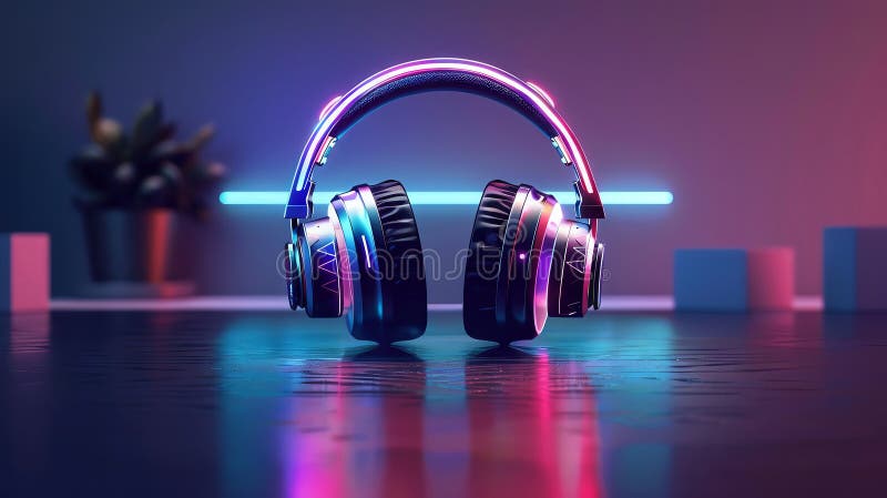 Black Headphones with Neon Lights in a Futuristic Setting Stock ...