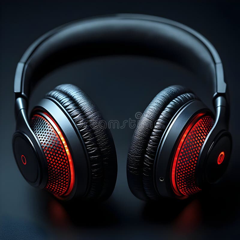 Black Headphones with Red Lights 3D Illustration Stock Illustration ...