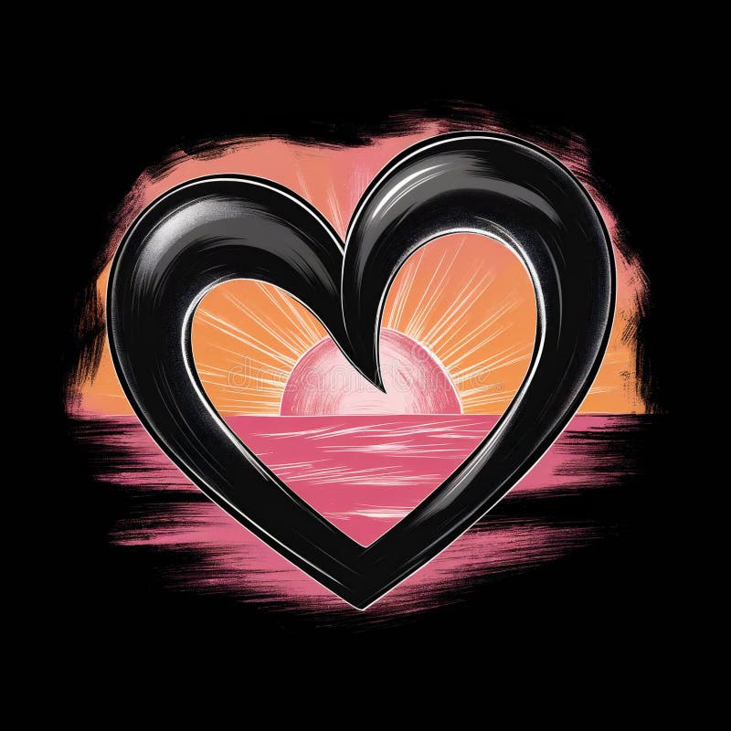 A Black Heart Shape Frames a Romantic Sunset Scene Stock Illustration ...