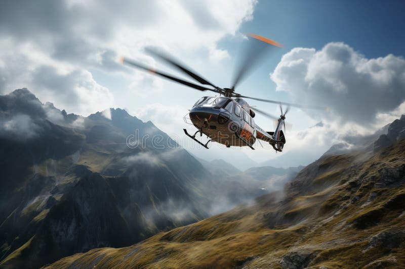 A Black Helicopter Flies Over the Rocky Mountains Stock Illustration ...