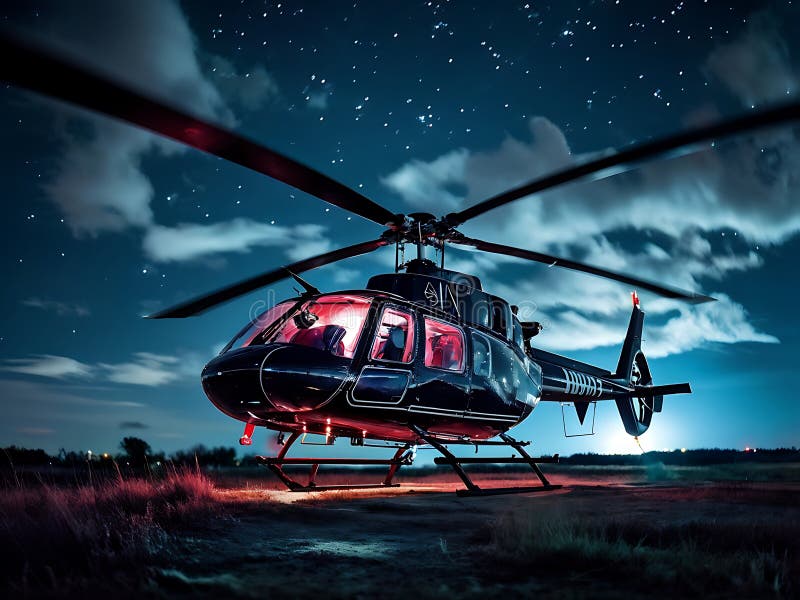 Helicopter Under a Starry Night Sky Stock Illustration - Illustration ...