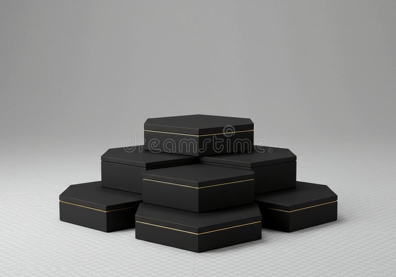 Black Hexagonal Multi-tier Display, Featuring Sleek Stacked Platforms ...