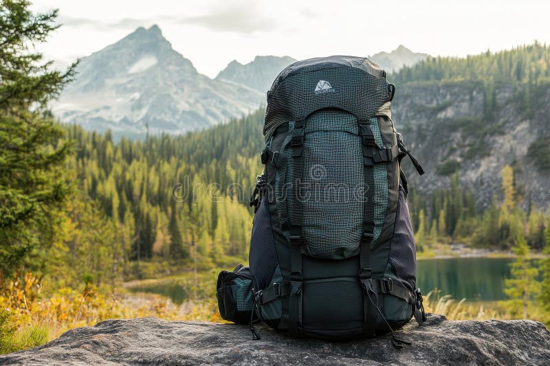 A Black Hiking Backpack on a Rock in the Mountains Stock Illustration ...