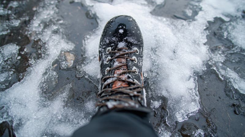 Black Hiking Boot on Icy Ground Stock Illustration - Illustration of ...