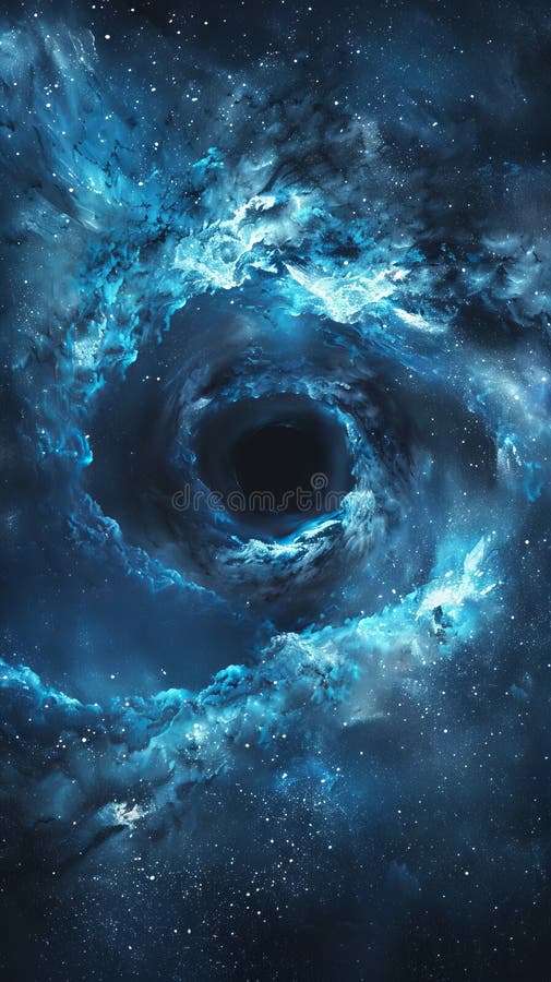 Black Hole in Blue Swirling Space, Cosmic View. Deep Space and ...