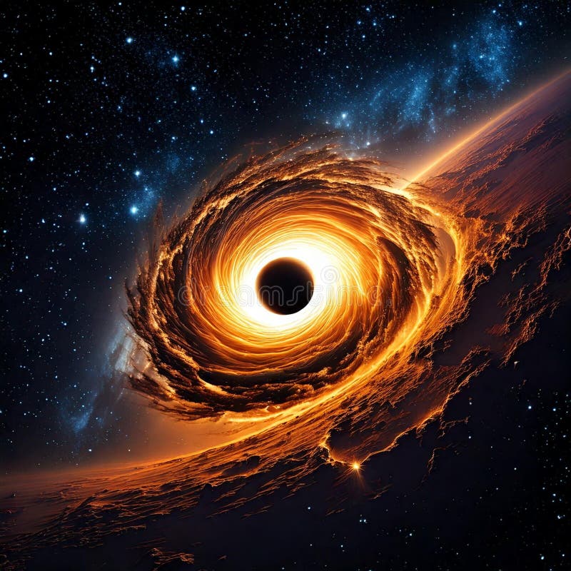 Black Hole with Fiery Accretion Disk Against a Starry Galaxy Backdrop ...