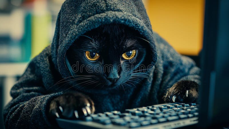 In a Black Hooded Cat Typing on a Computer Keyboard is a Busy Little ...