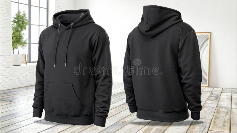 Black Hoodie Front and Back View in Modern Minimalist Room Setting ...