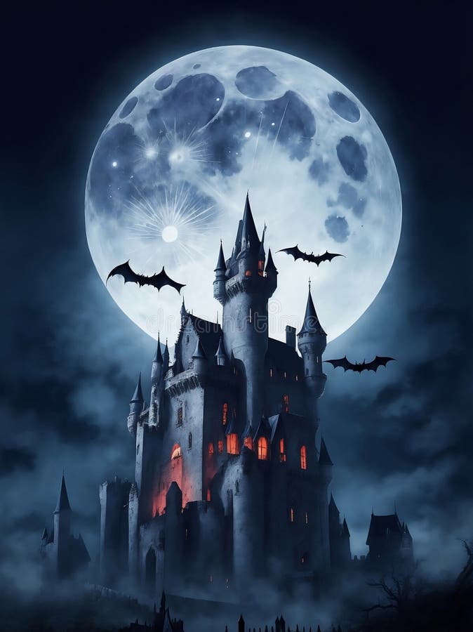 Black Horror Castle and Large Moonlight, Generative AI Illustration ...