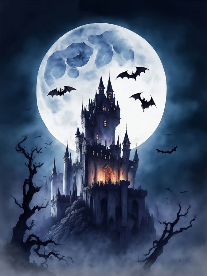 Black Horror Castle and Large Moonlight, Generative AI Illustration ...