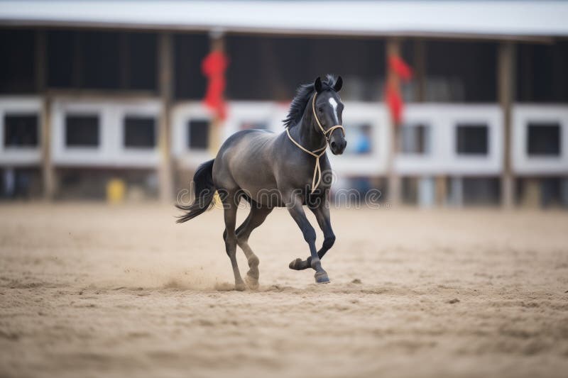 Black Horse Cantering in a Sand Arena Stock Image - Image of ...
