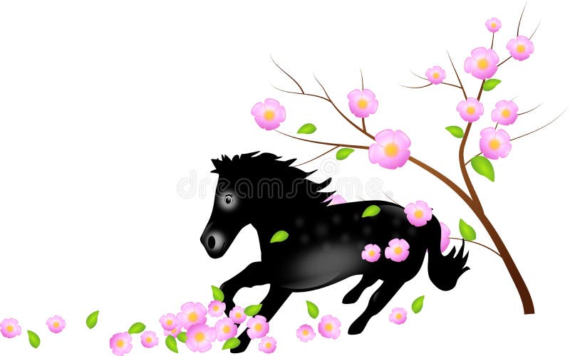 Black Horse with Falling Blooms of Tree Stock Illustration ...