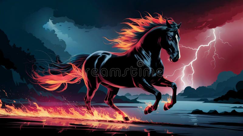 A Black Horse with a Fiery Mane and Tail is Running through a Stormy ...