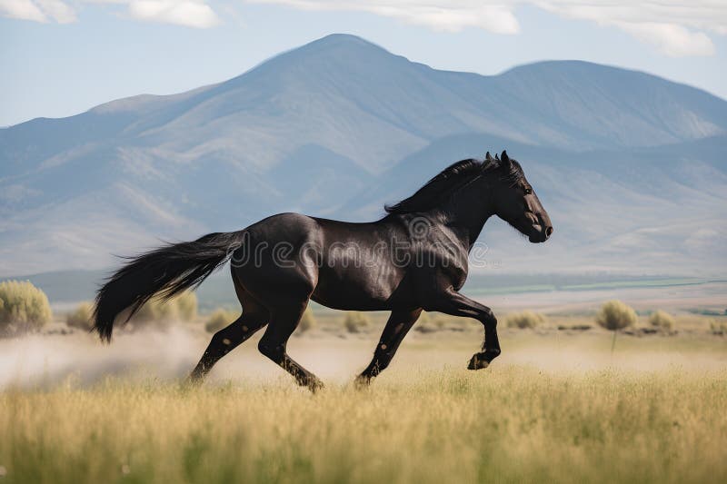 Black Horse Galloping in the Field with Mountains in the Background ...