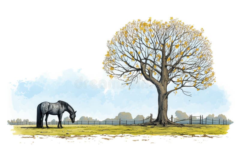 Black Horse Grazing Alone Next To a Single Tree Stock Illustration ...