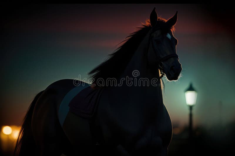 Black Horse at Night, Backlit by a Lantern Stock Image - Image of ...