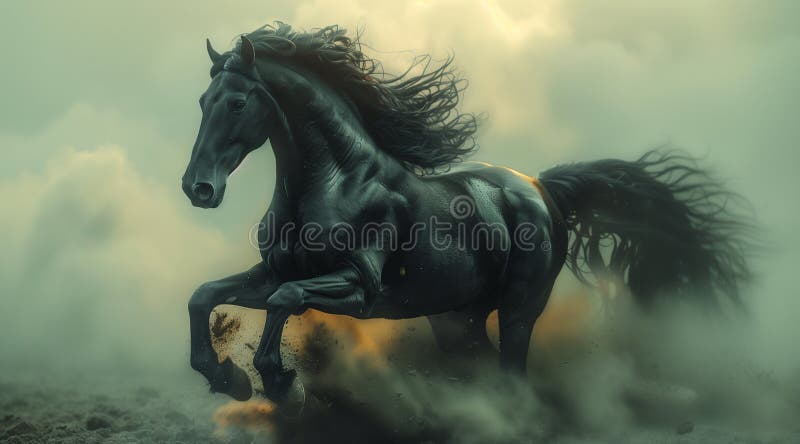 A Black Horse is Running at a Fast Pace, Kicking Up Dust As it Gallops ...