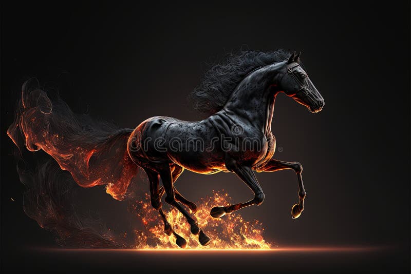 Black Horse Running between Fire Flame. Generative AI Stock ...