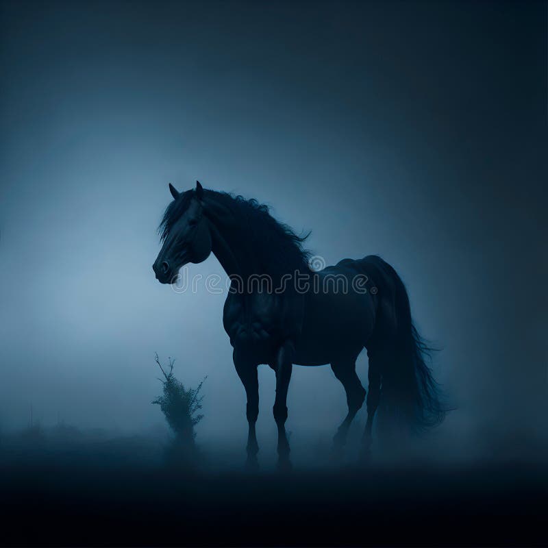 Black Horse Standing in a Foggy Night Stock Illustration - Illustration ...