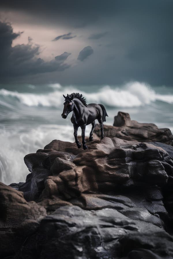 Black Horse Standing on the Rocks by the Sea with Stormy Sky Stock ...