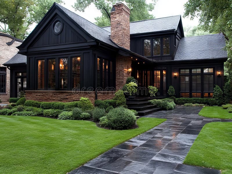A Black House with a Stone Walkway in Front of it Stock Image - Image ...