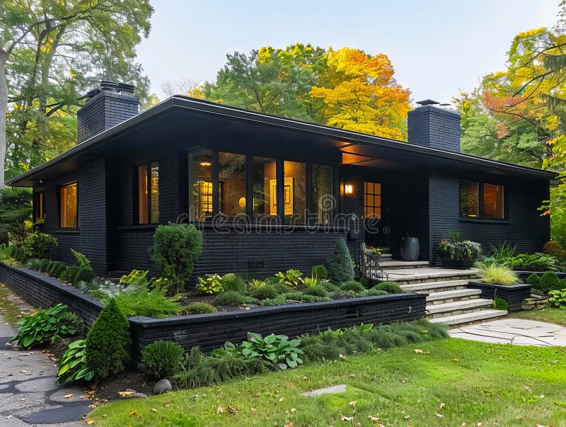 A Black House with a Walkway and Trees Stock Image - Image of siding ...
