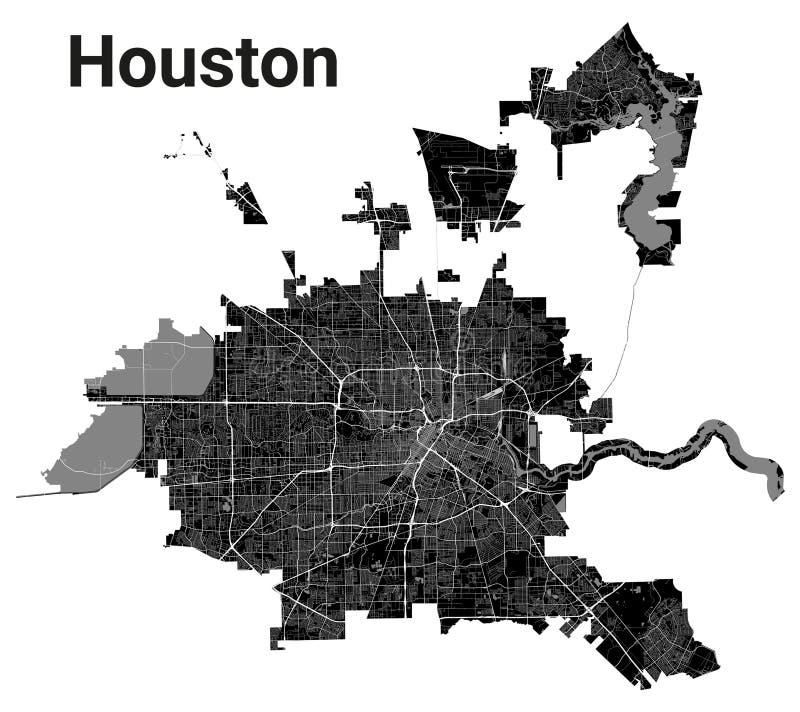 Black Houston City Map, Administrative Area Stock Vector - Illustration ...