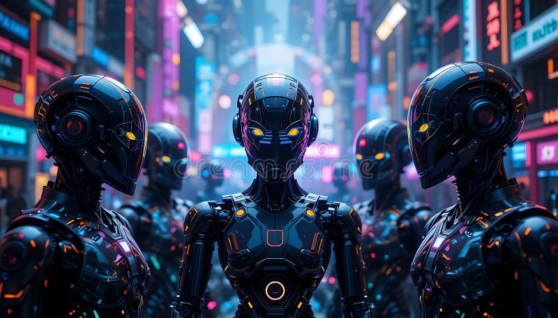 Black Humanoid Robots in a Neon-lit, High-tech Environment. AI Robots ...
