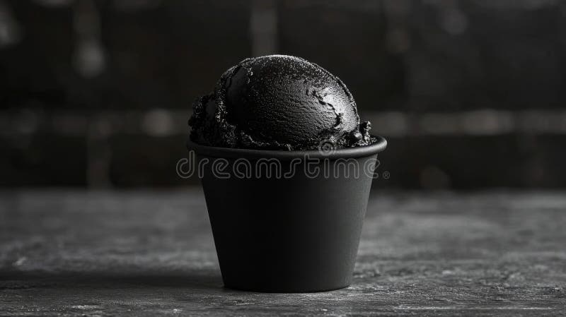 Black Ice Cream Scoop in Dark Cup on Black Surface Stock Illustration ...